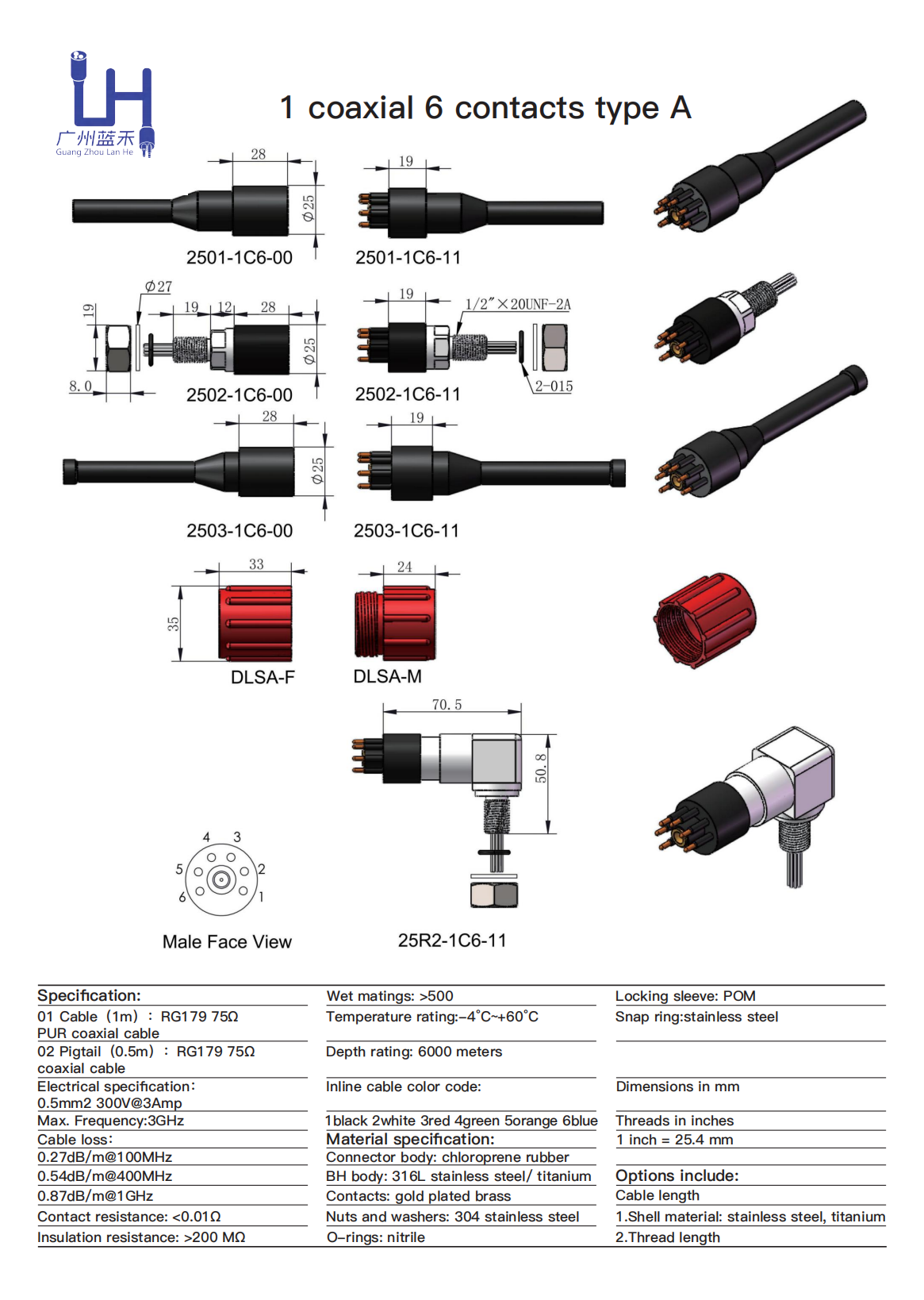 One Coaxial 6 Contact Power Watertight Subsea Electrical Connector ...